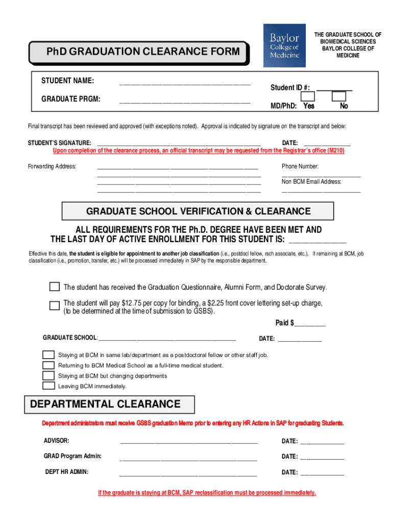 Fillable Online PhD GRADUATION CLEARANCE FORM - STUDENT NAME Fax Email Print - pdfFiller