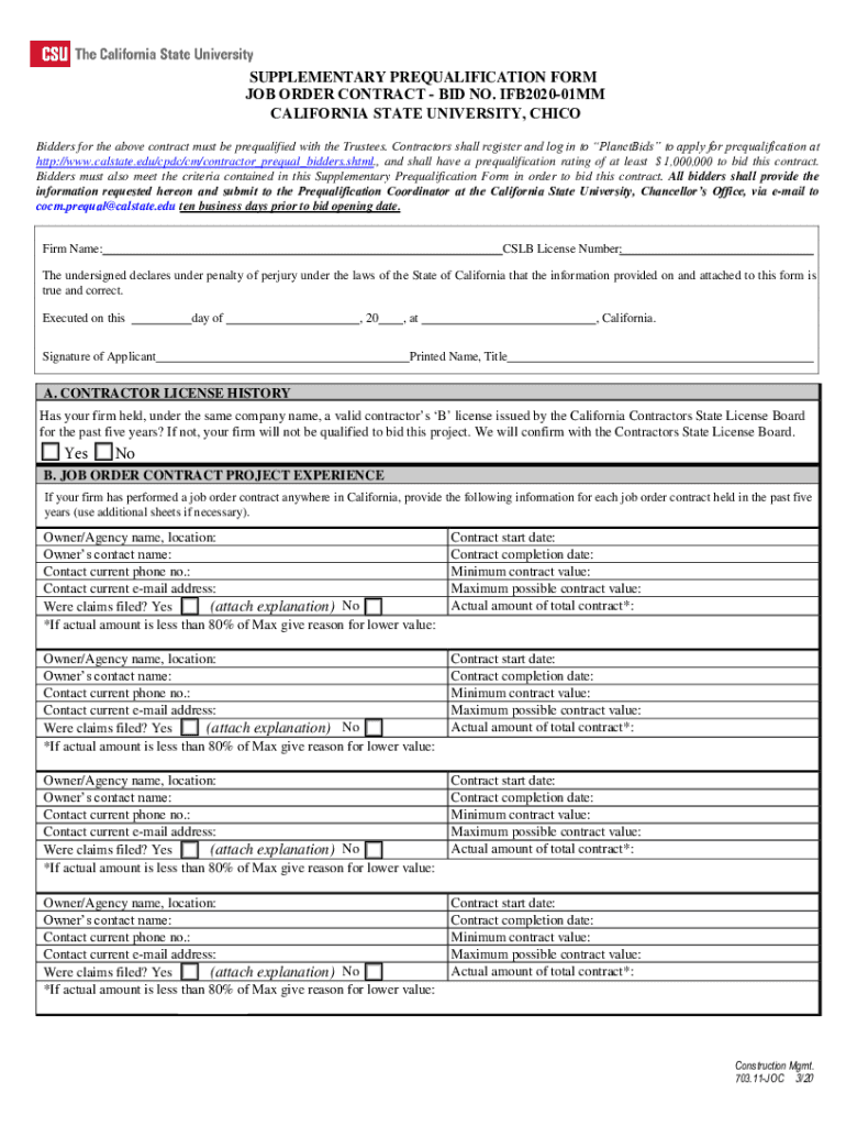 Fillable Online supplementary prequalification form - job order ...