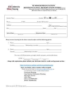 Fillable Online summer orientation residence hall reservation form Fax Email Print - pdfFiller