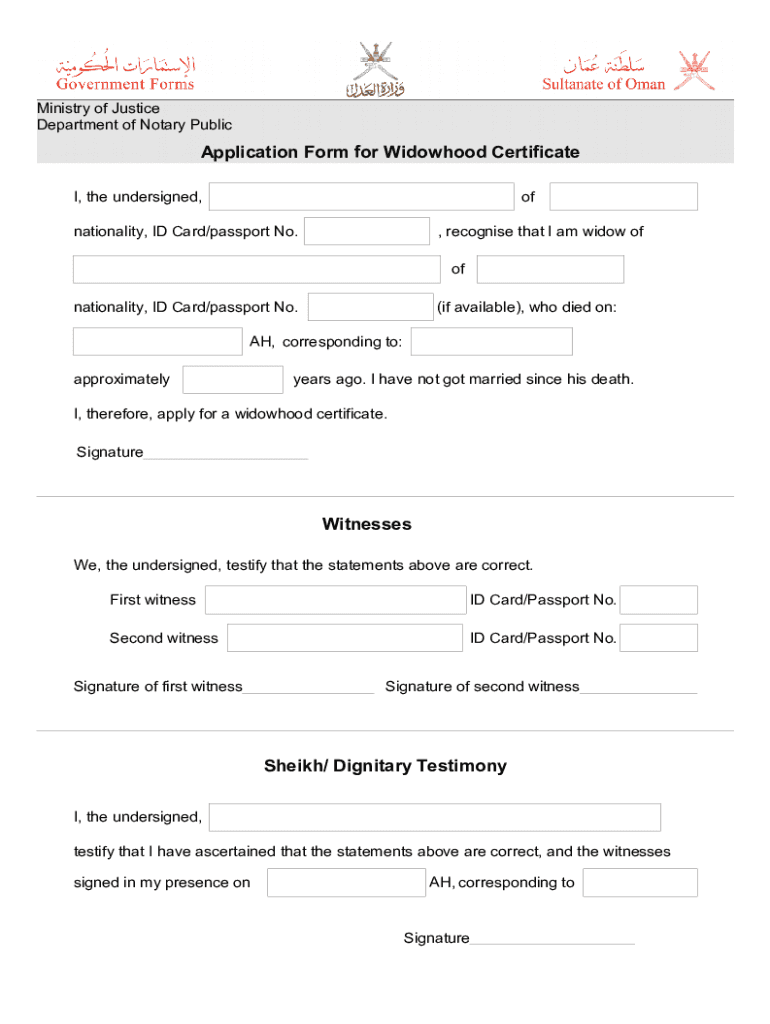 Fillable Online Application Form for Widowhood Certificate - Ministry ...