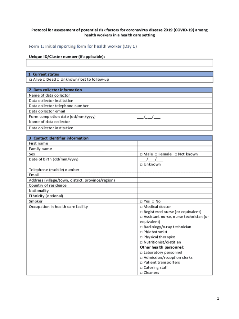 Fillable Online Initial reporting form for health worker (Day 1) Fax ...