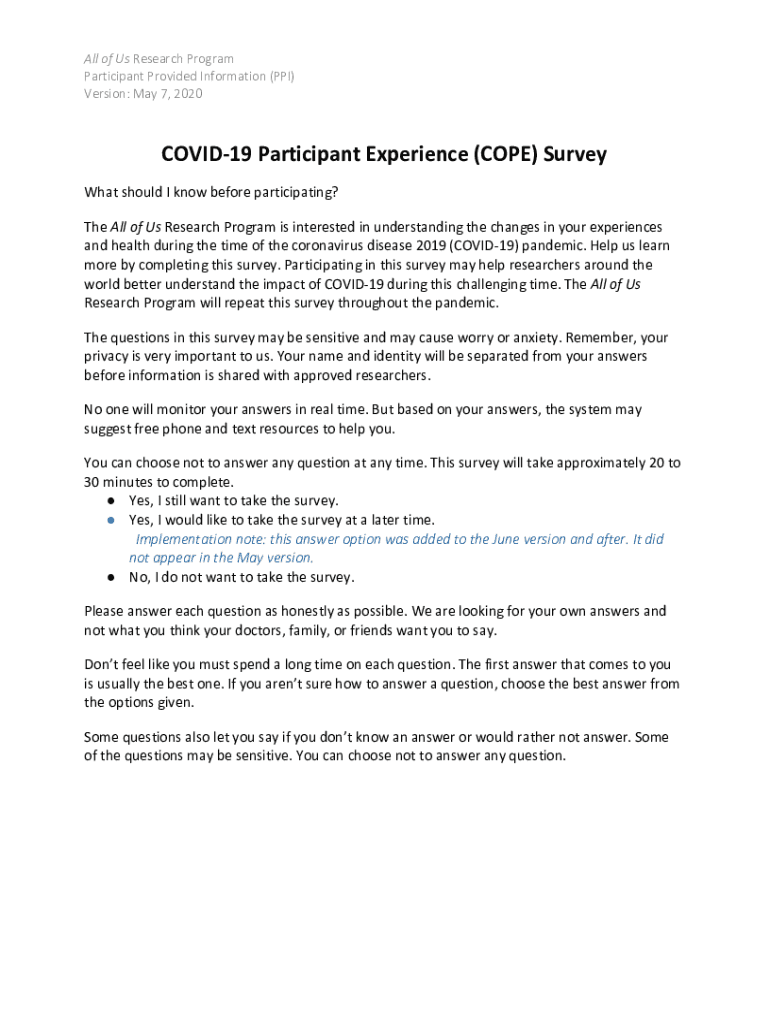 Fillable Online COVID-19 Participant Experience (COPE) Survey. June ...