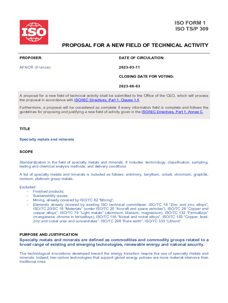 Fillable Online ISO FORM 1 ISO TS/P 309 PROPOSAL FOR A NEW FIELD OF ... Fax Email Print - pdfFiller