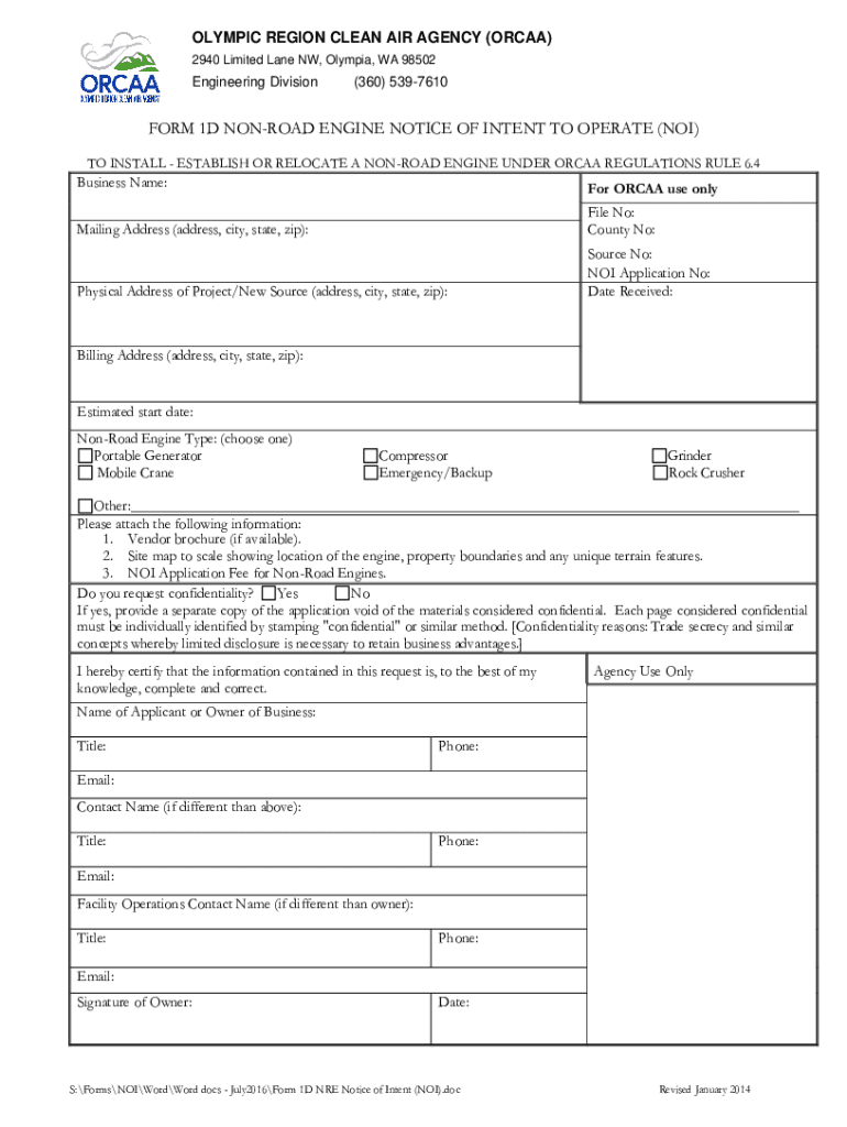 Fillable Online form 1d non-road engine notice of intent to operate ...