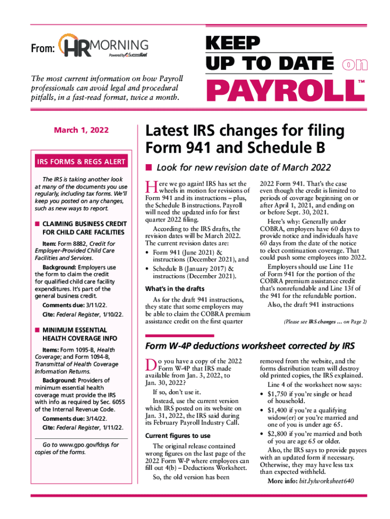 Fillable Online Latest IRS changes for filing Form 941 and Schedule B ...