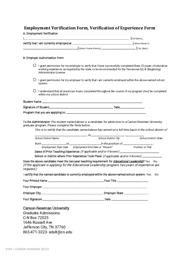 Fillable Online Employment Verification Form, Verification of ...