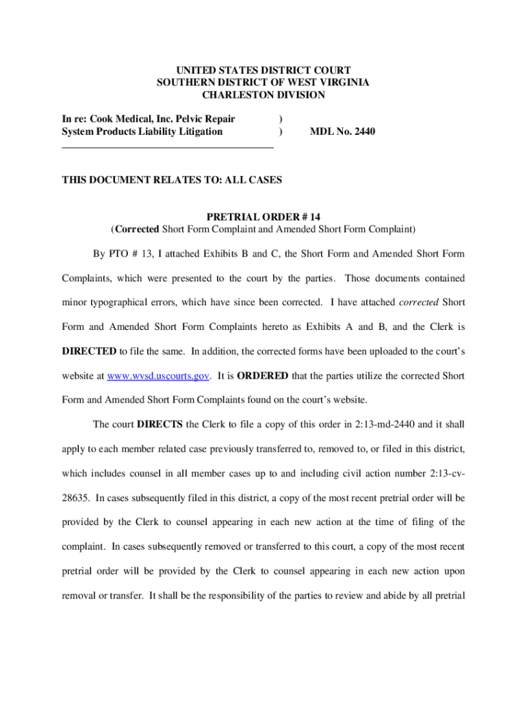 Fillable Online MDL 2440Pretrial Order 14 Corrected Short Form