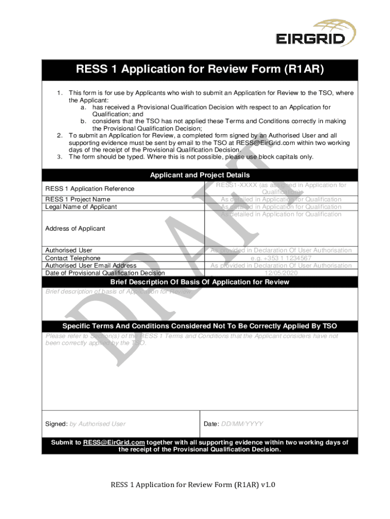 Fillable Online RESS 1 Application for Review Form (R1AR) - EirGrid ...