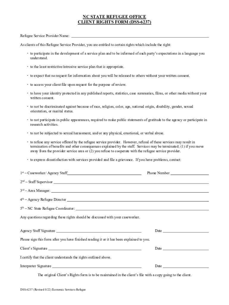 Fillable Online NC State Refugee Office Client Rights Form (DSS-6237 ...