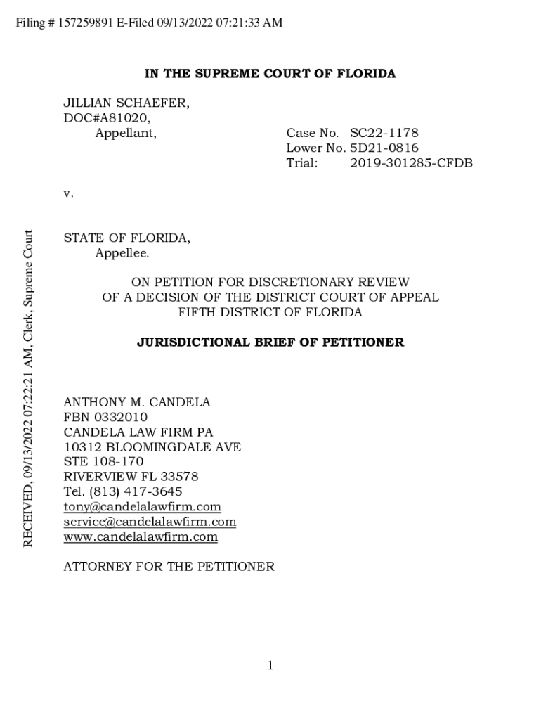 Fillable Online 1 IN THE SUPREME COURT OF FLORIDA JILLIAN SCHAEFER ...