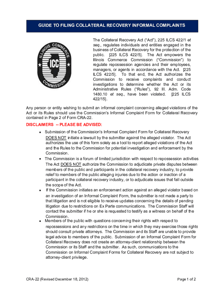 Fillable Online Informal Complaint Form Collateral Recovery ...