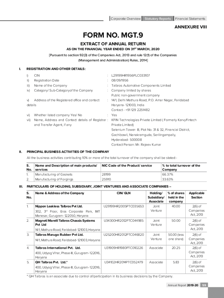 Fillable Online Form No. MGT-9 EXTRACT OF ANNUAL RETURN as on ... Fax ...