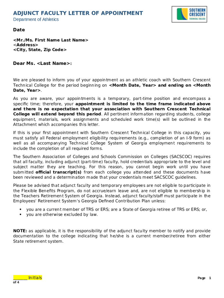 adjunct faculty letter of appointment Doc Template | pdfFiller