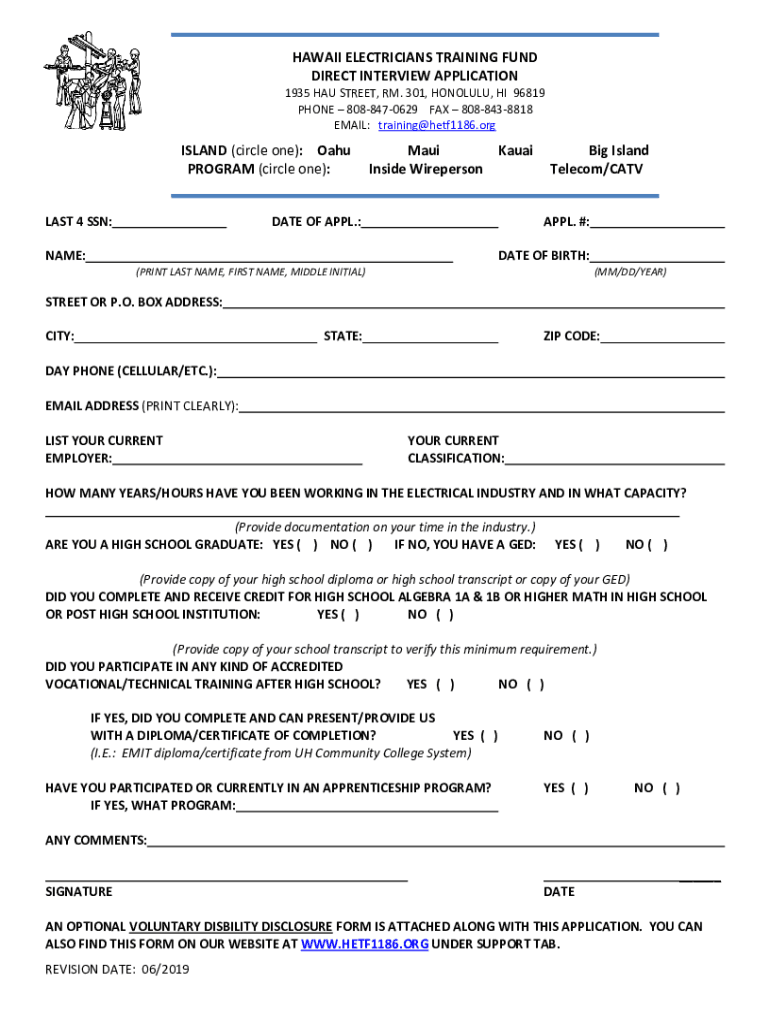 Fillable Online Hawaii Electricians Training Fund - Email Format Fax ...