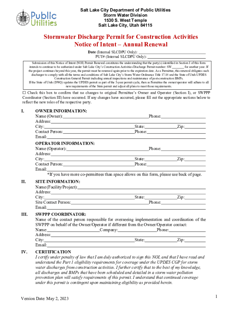 Fillable Online Stormwater Discharge Permit for Construction Activities ...