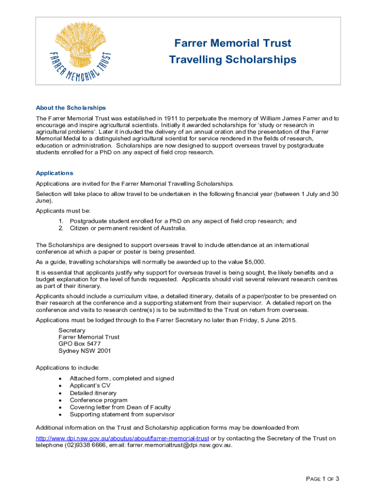 Fillable Online Farrer Memorial Travelling Scholarships application ...