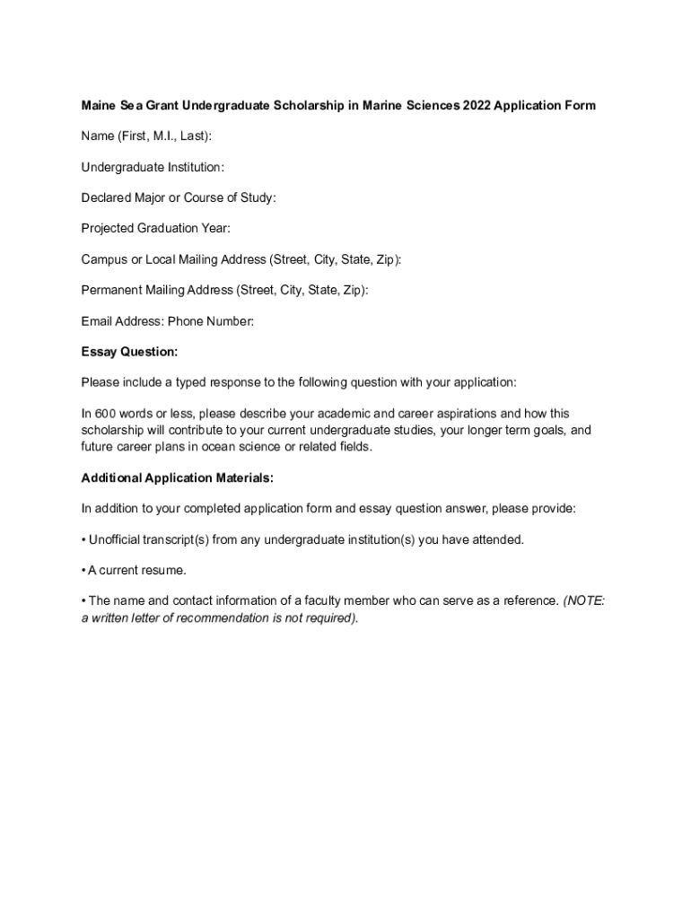 Fillable Online seagrant umaine Maine Sea Grant Undergraduate ...