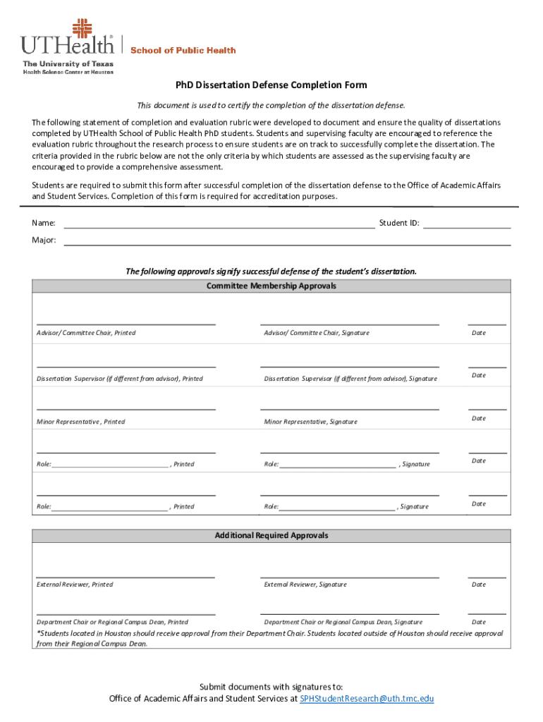 Fillable Online PhD Dissertation Defense Completion Form Fax Email Print - pdfFiller