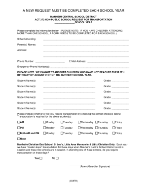 Fillable Online ACT 372 NON-PUBLIC SCHOOL REQUEST FOR TRANSPORTATION ...