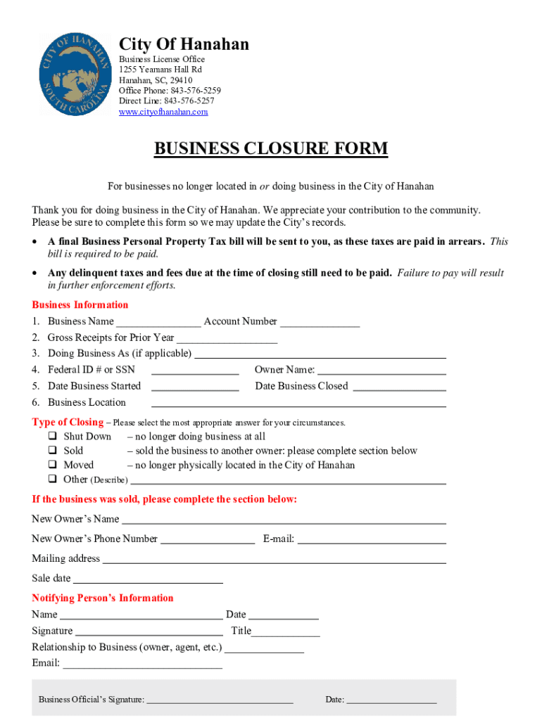 Fillable Online City Of Hanahan BUSINESS CLOSURE FORM Fax Email Print ...