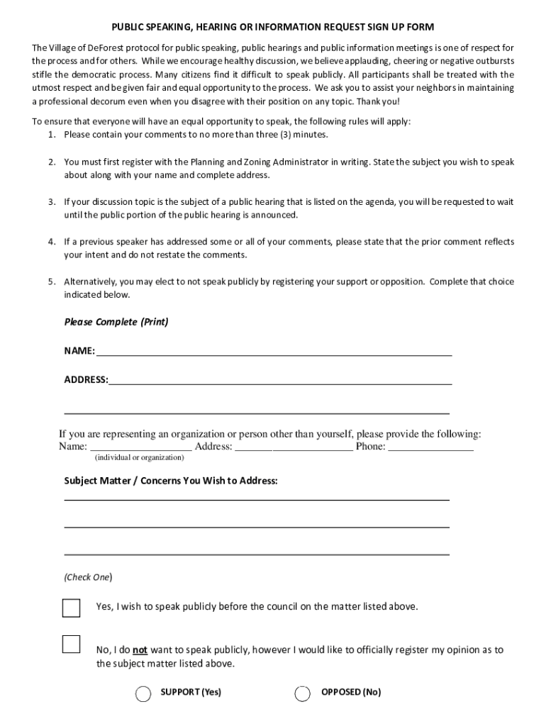 Fillable Online PUBLIC SPEAKING FORM - Village of DeForest Fax Email ...