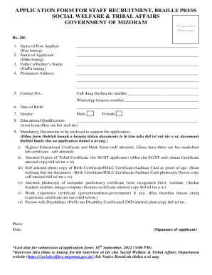 Fillable Online socialwelfare mizoram gov APPLICATION FORM FOR STAFF ...