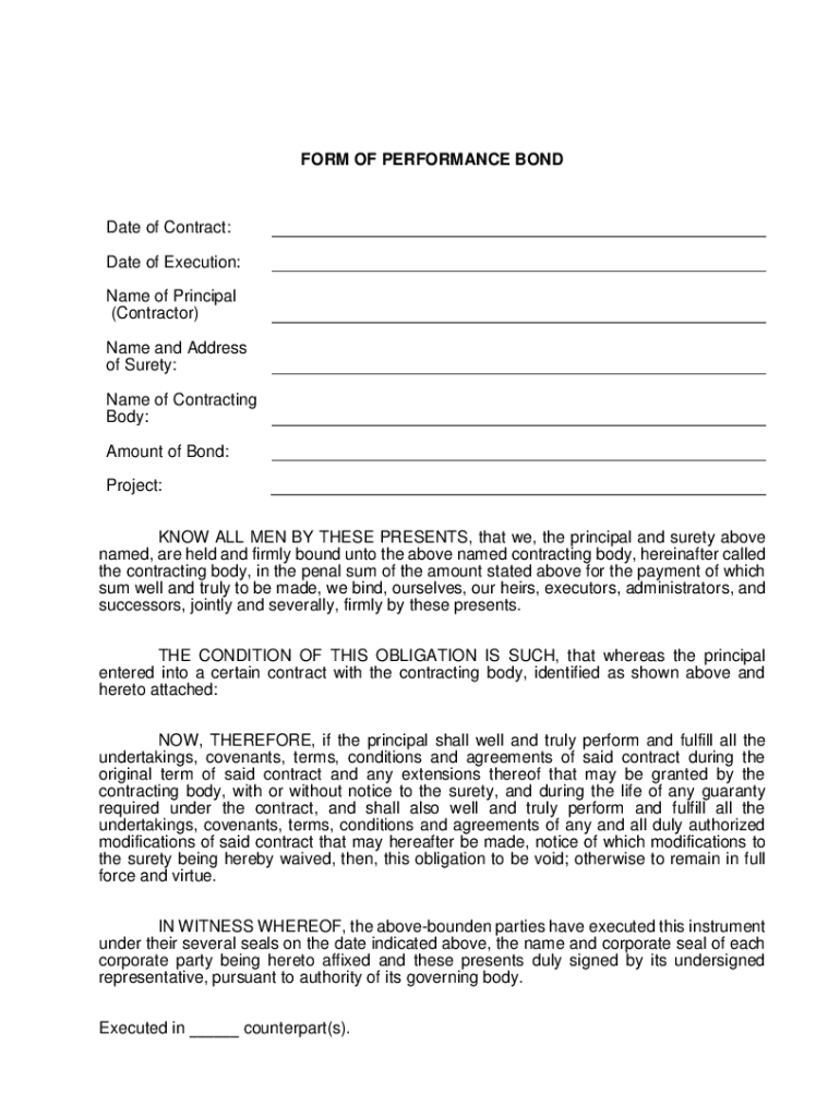 Fillable Online FORM OF PERFORMANCE BOND Date of Contract: Date of ...