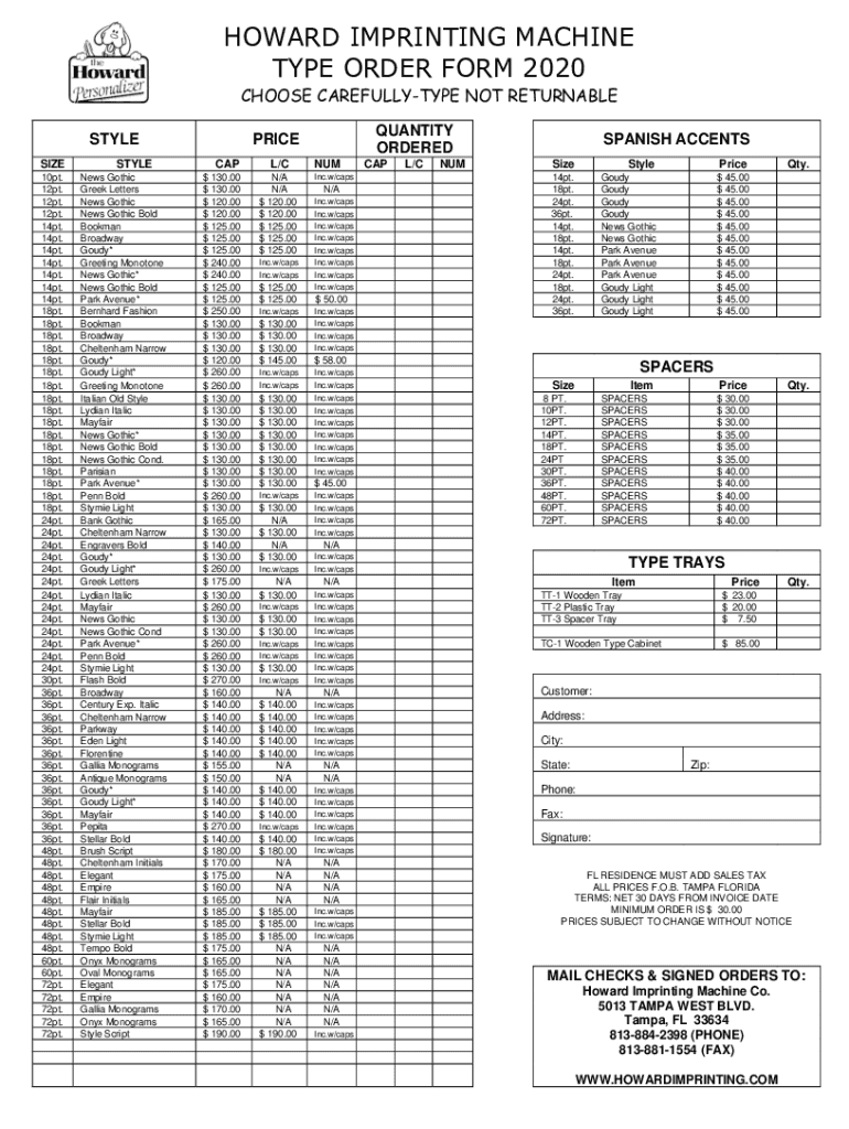 Fillable Online HOWARD IMPRINTING MACHINE TYPE ORDER FORM 2020 Fax ...