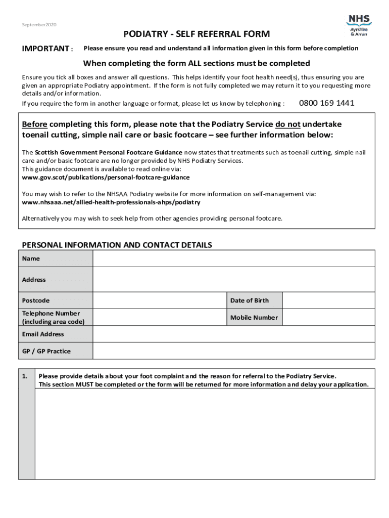 Podiatry Self Referral Form - Blank Fillable Template | Fill Out, Print ...