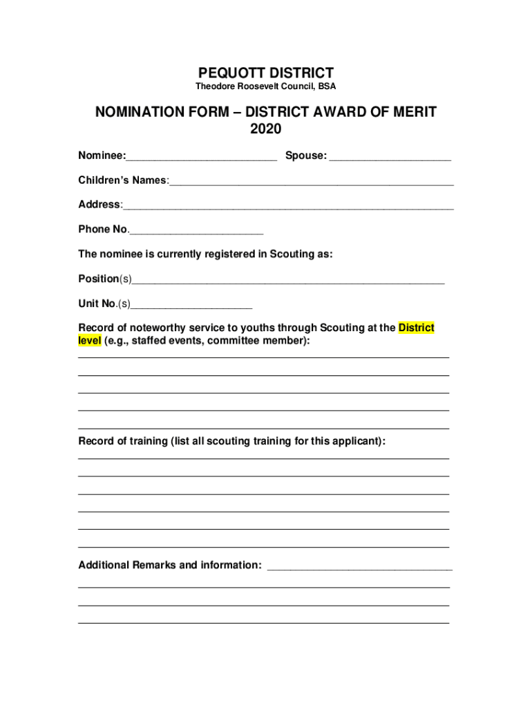 Fillable Online storage trcbsa 2020 district award of merit nomination form is due by july 1 ...