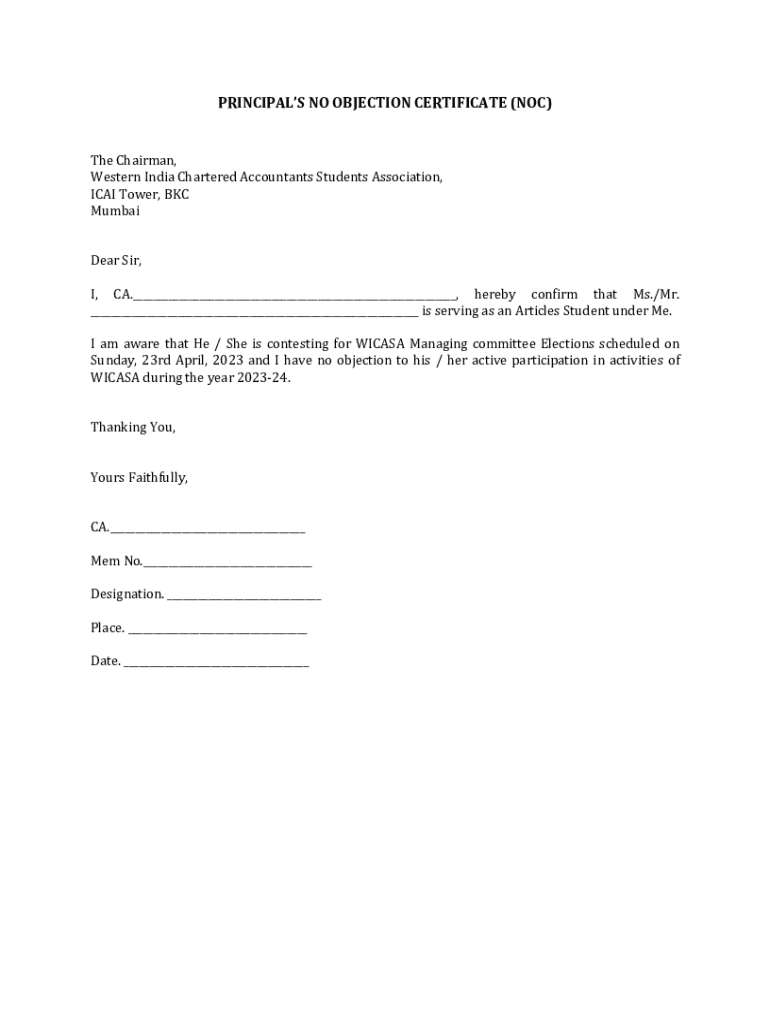 Fillable Online PRINCIPAL'S NO OBJECTION CERTIFICATE (NOC) Fax Email Print - pdfFiller