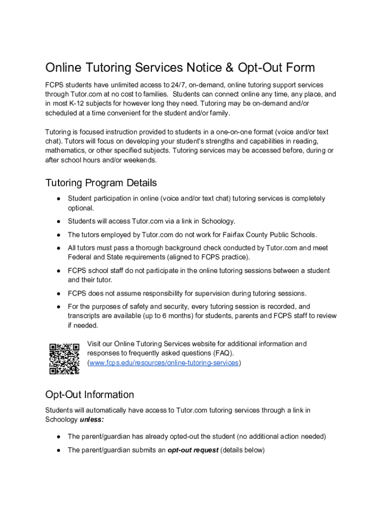 Fillable Online Online Tutoring Services Notice & Opt-Out Form Fax ...