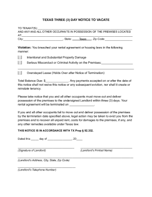 Fillable Online Texas 3 Day Notice to Vacate Fax Email Print - pdfFiller