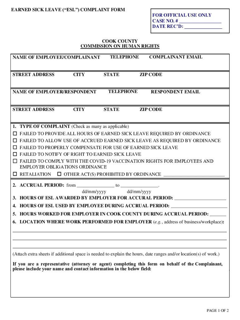 Fillable Online earned sick leave (esl) complaint form - Cook County ...