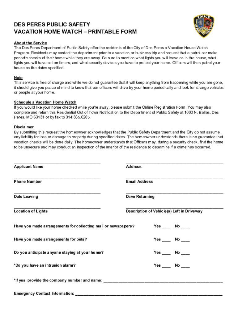 Fillable Online DES PERES PUBLIC SAFETY VACATION HOME WATCH ... Fax ...