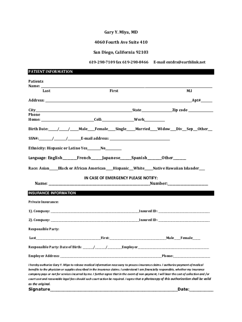 Fillable Online Gary Y. Miya, MD 4060 Fourth Ave Suite 410 San Diego ...