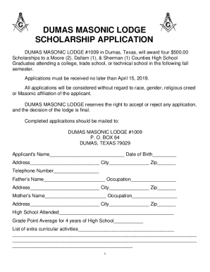 Fillable Online dumas masonic lodge scholarship application Fax Email ...