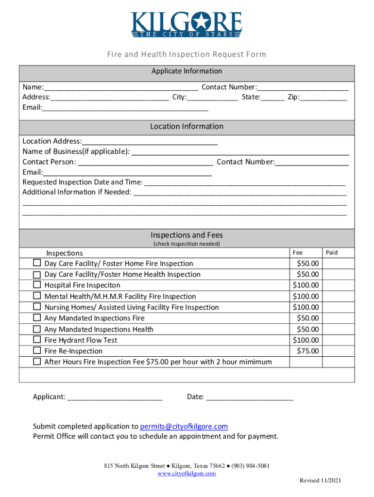 Fillable Online Fire and Health Inspection Request Form Location ...