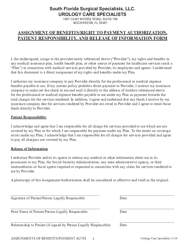 Fillable Online assignment of benefits/right to payment authorization ...