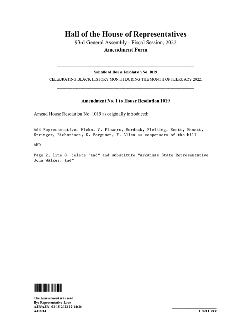 Fillable Online Amends Amend House Resolution No. 1019 as originally ...