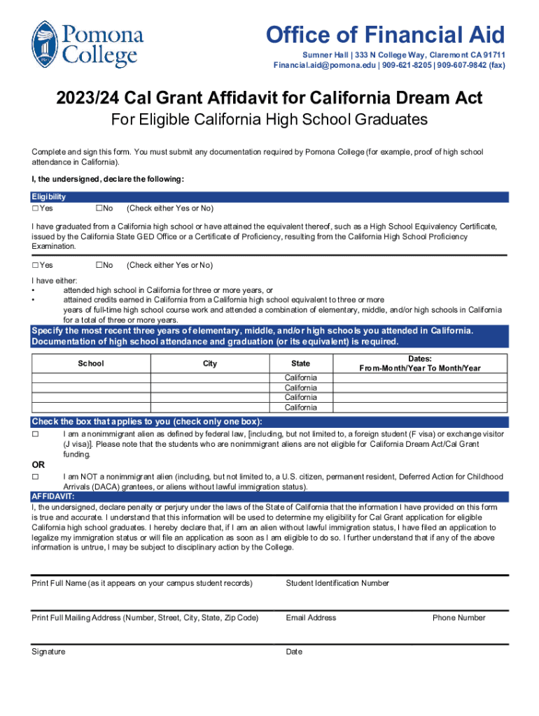 Fillable Online 2023/24 Cal Grant Affidavit for California Dream Act ...