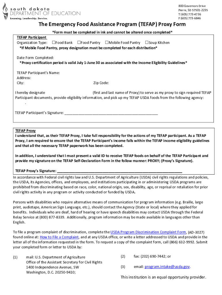 Fillable Online doe sd TEFAP Proxy Form Fax Email Print - pdfFiller