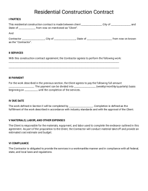 Fillable Online Residential Construction Contract Template Fax Email ...