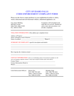 Fillable Online city of idaho falls code enforcement complaint form Fax ...