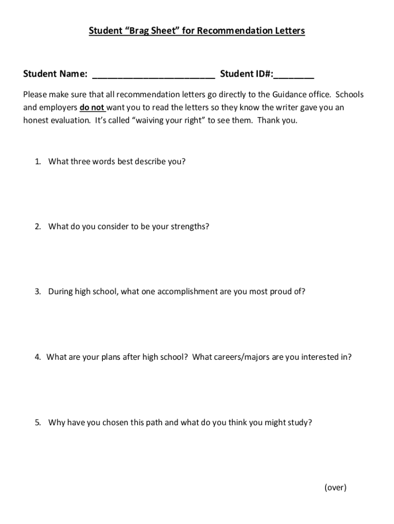 Fillable Online Student Brag Sheet for Recommendation Letters Student ...