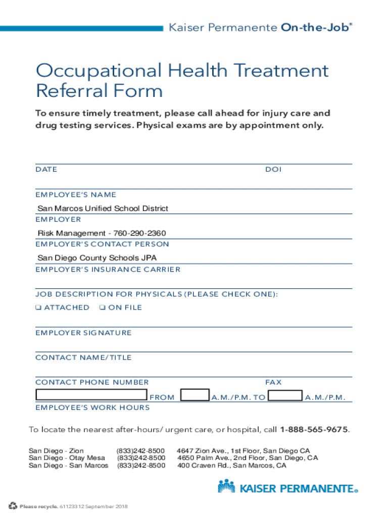 Fillable Online Occupational Health Treatment Referral Form Fax Email ...