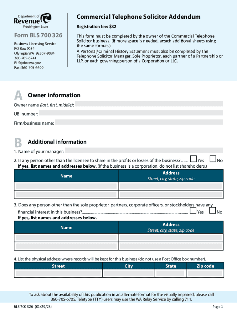 Fillable Online dor wa Commercial Telephone Solicitor Addendum ...