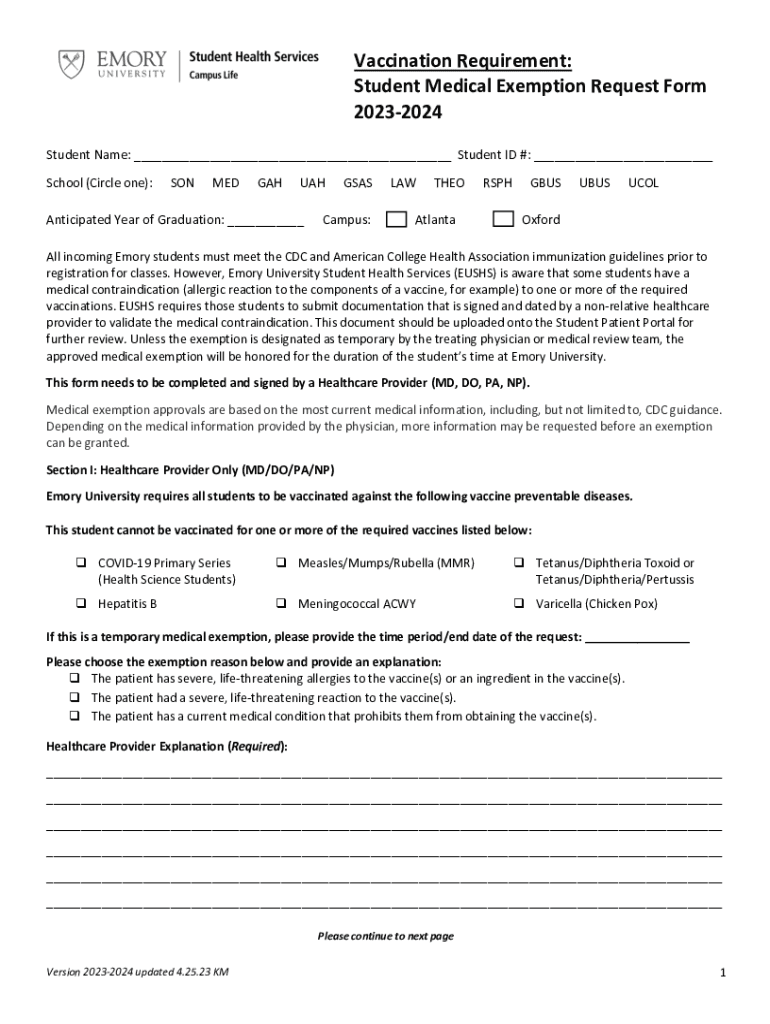 Fillable Online studenthealth emory STUDENT IMMUNIZATION EXEMPTION REQUEST FORM Fax Email Print ...