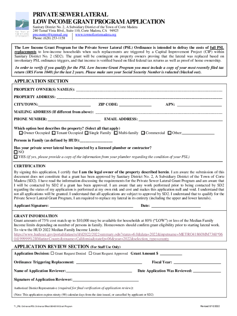 Fillable Online Private Sewer Lateral Low Income Grant Program ...
