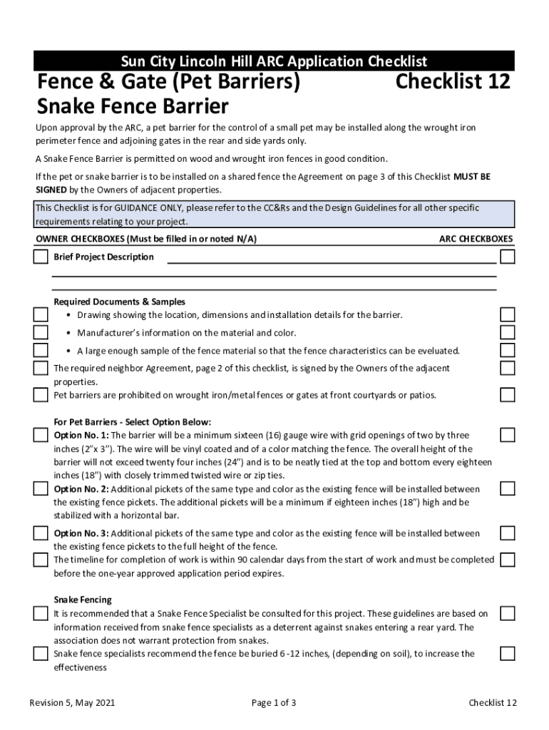 Fillable Online Sun City Lincoln Hill ARC Application Checklist - Fence ...